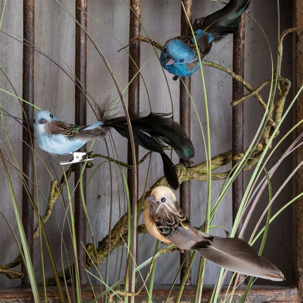 Fuglur v/klipsi H14cm, fjøður, bláur/gulur, grønur 8ass – Berglon