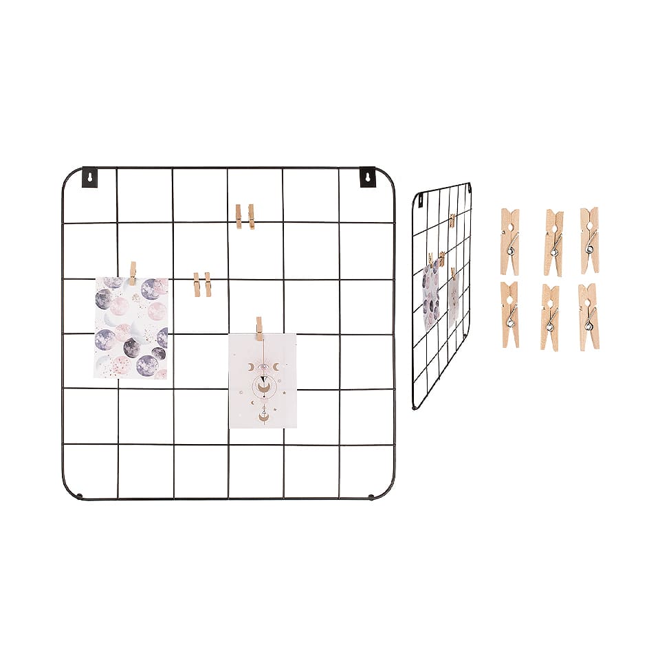 Metal wall grid shelf with 6 wooden clips 48x48cm – Berglon